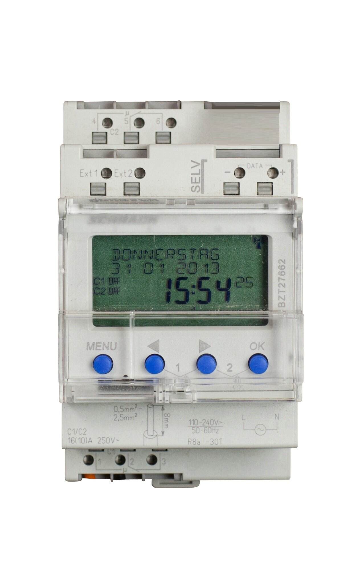 Din mounted time clocks, and timers