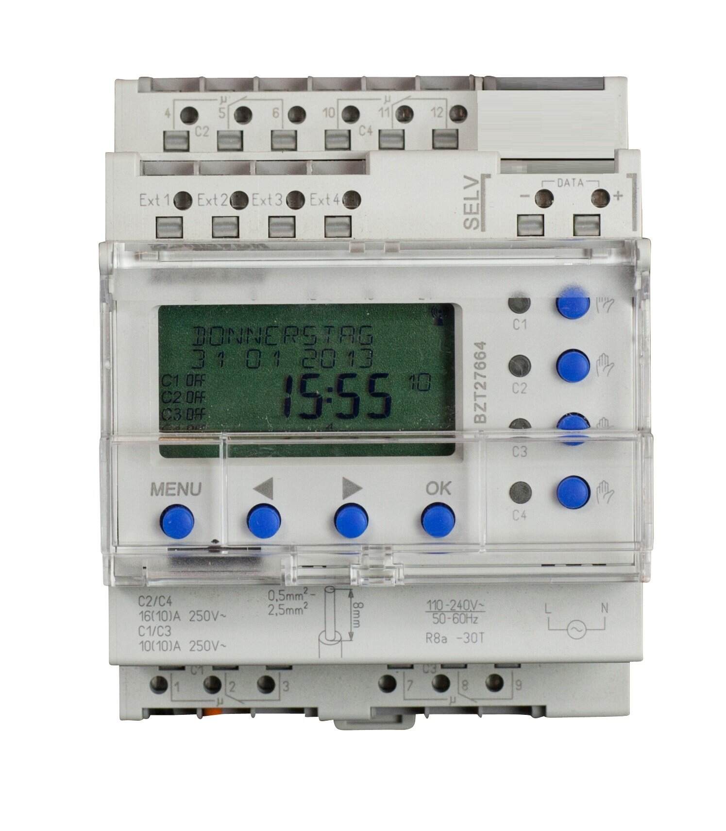 Din mounted time clocks, and timers