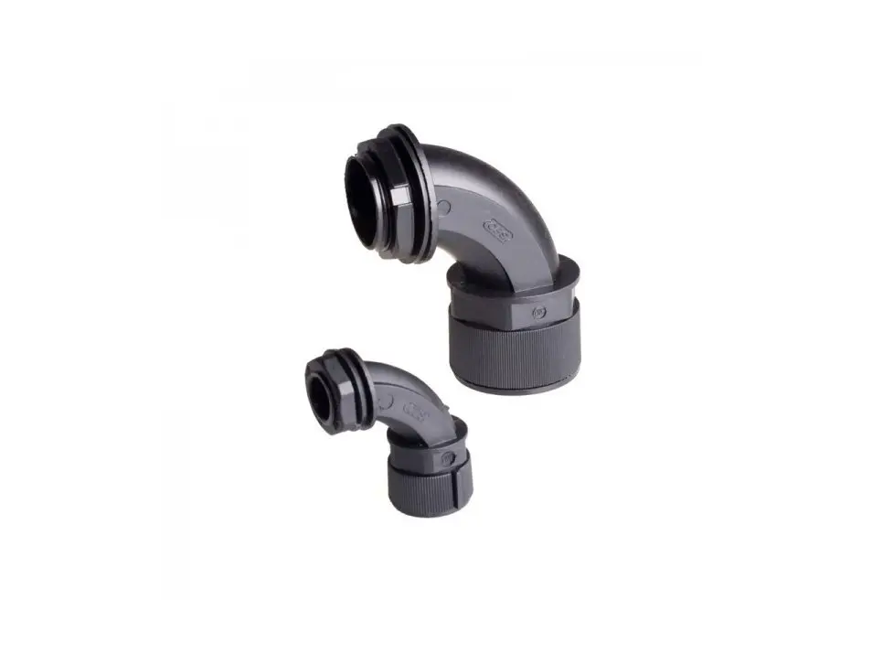 Conduit connector, 90º elbow, suits 10mm OD conduit, M12