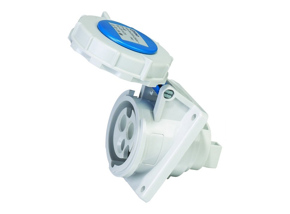 CEE Panel Mount Socket Angled 3 pole 16A 230V 6h IP67